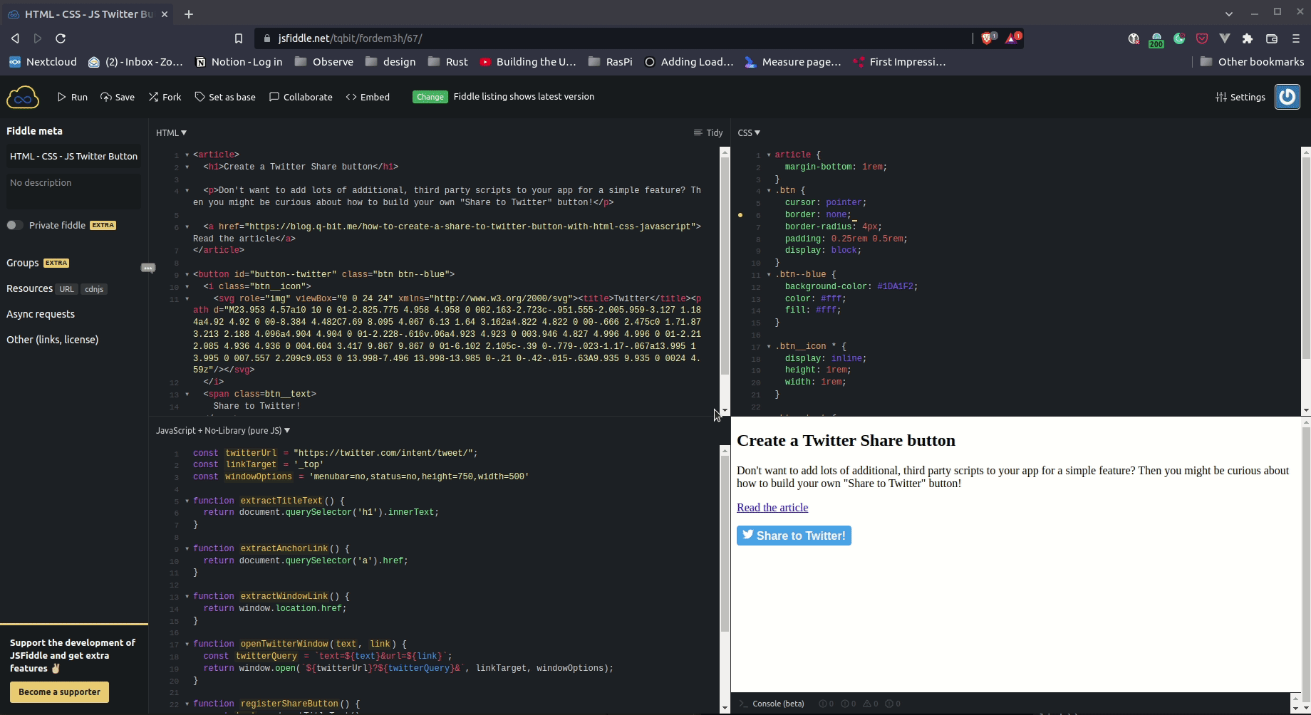 How to create a "Share to Twitter" button with HTML, CSS & Javascript